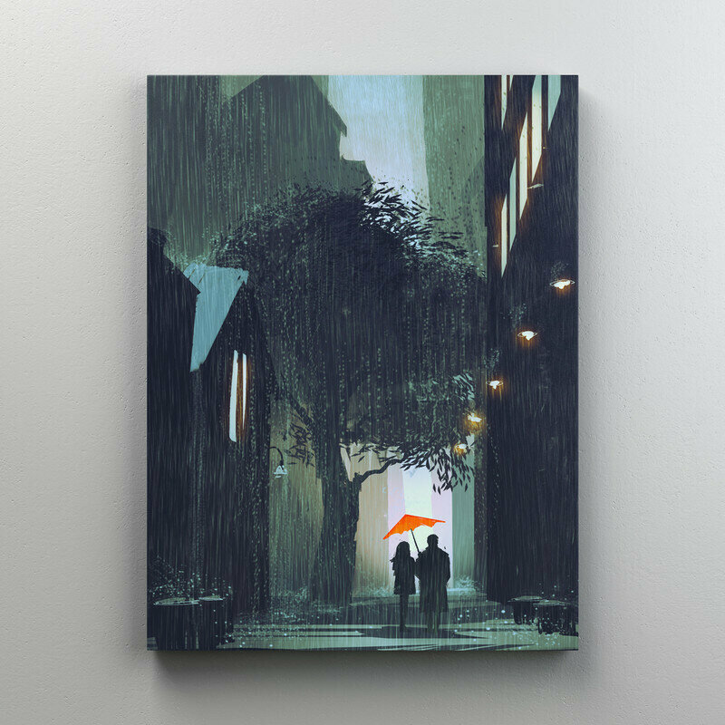 Интерьерная картина на холсте "Влюбленные под красным зонтиком" размер 22x30 см