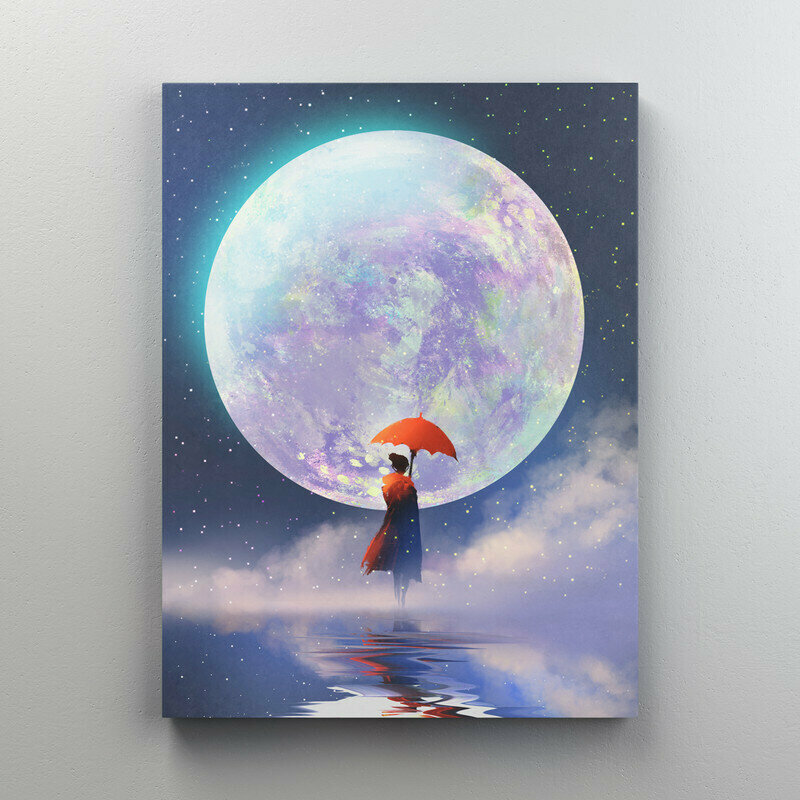 Интерьерная картина на холсте "Женщина с красным зонтиком стоит на воде на фоне полной луны" размер 45x60 см
