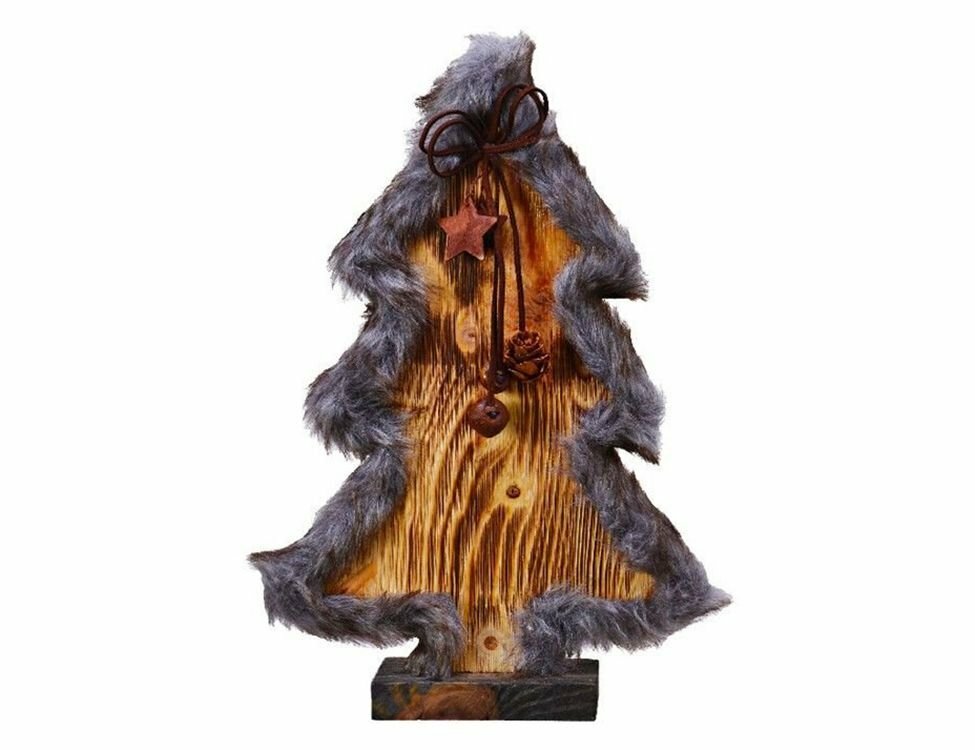 Декоративная настольная ёлочка чудо В шубке, коричневая, дерево, искусственный мех, 30 см, Kaemingk 551281-1