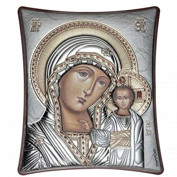 Икона "Казанская" / Божией Матери / Икона на дереве с серебрением / 5x4 см / Греция Slevory / 144TBR1FWAA