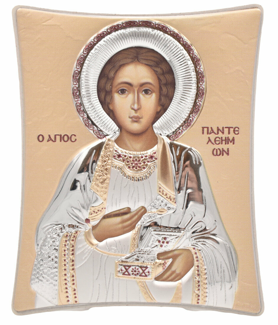 Икона "Святой Пантелеймон" / Пантелеймон Целитель / Икона на дереве с серебрением / 5х6 см / Греция Slevori / 133TW2FWAA