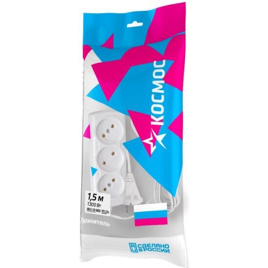 Удлинитель Космос Электро Космос 3х1.5м 6А IP20 ШВВП 2х0.75 Россия, YKsm1.5m-3g(6A)E