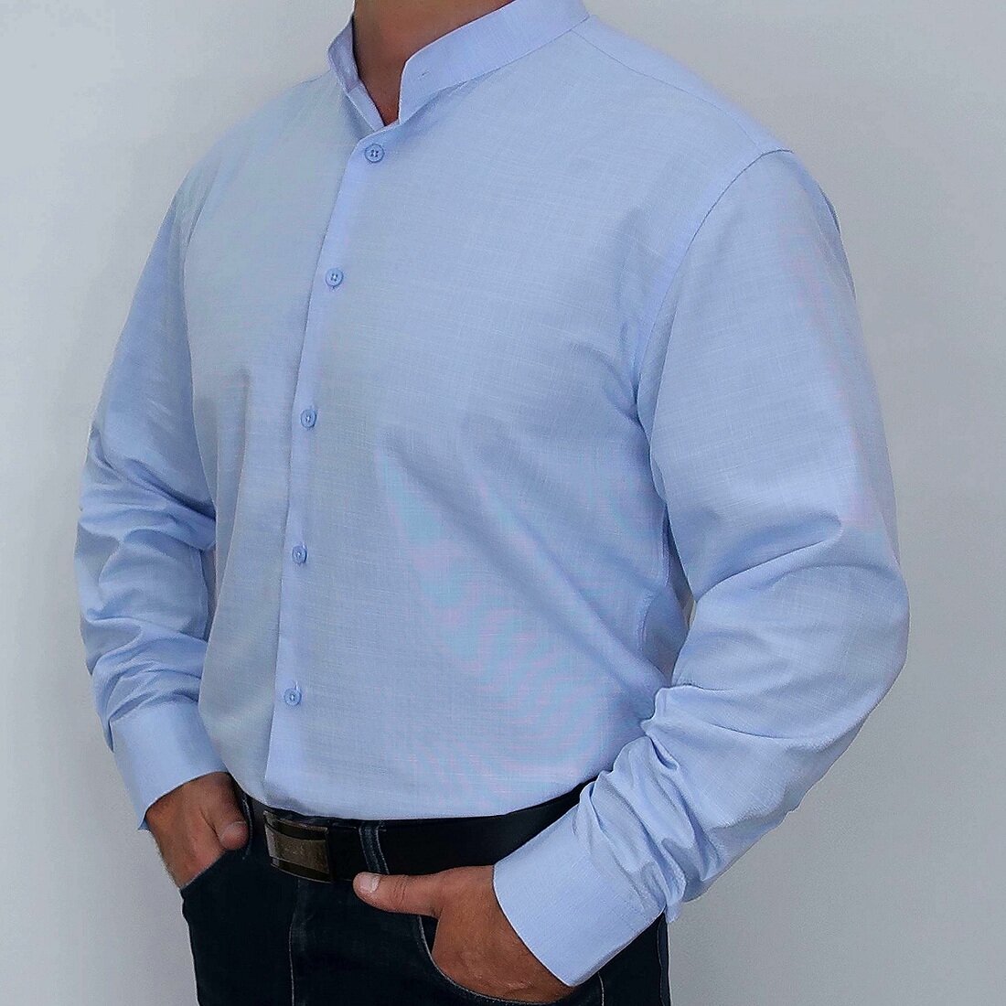 Рубашка Мужская рубашка с длинным рукавом приталенная стойка, светлая сорочка на пуговицах, рубаха на любой сезон, голубая однотонная, без карманов, на любой сезон и на лето рубашка