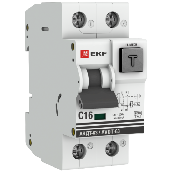Дифференциальный автомат Ekf 16А 30мА тип AC 6кА АВДТ-63 электромех. PROxima, DA63-16-30-AC