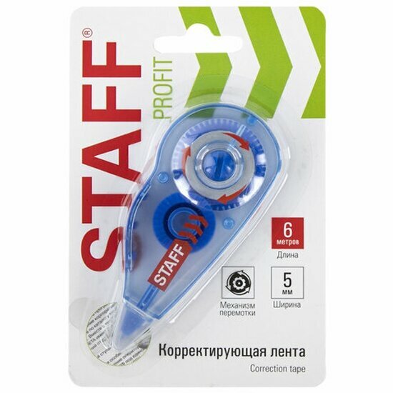 Корректирующая лента Staff PROFIT, 5 мм х 6 м, механизм перемотки, корпус голубой, блистер, европодвес, 271254