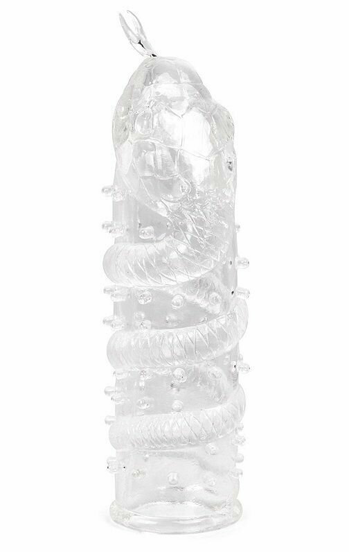 Закрытая рельефная насадка Crystal sleeve snakes в виде змеи с усиками - 14 см, Bior toys, прозрачный