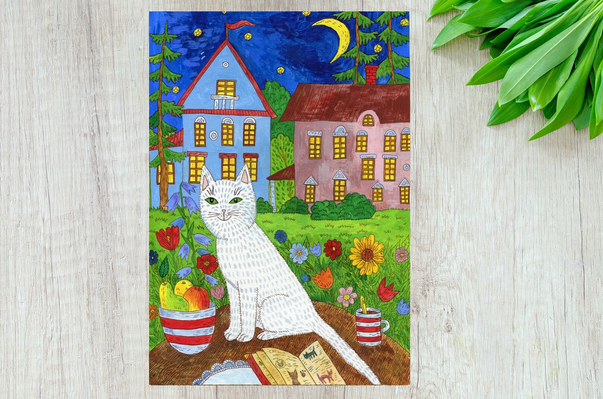 Открытка Кошка на даче. Открытка с котом поздравительная с конвертом