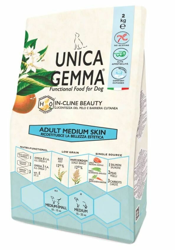 UNICA Корм сухой для взрослых собак средних пород для решения проблем с кожей и шерстью, 2 кг