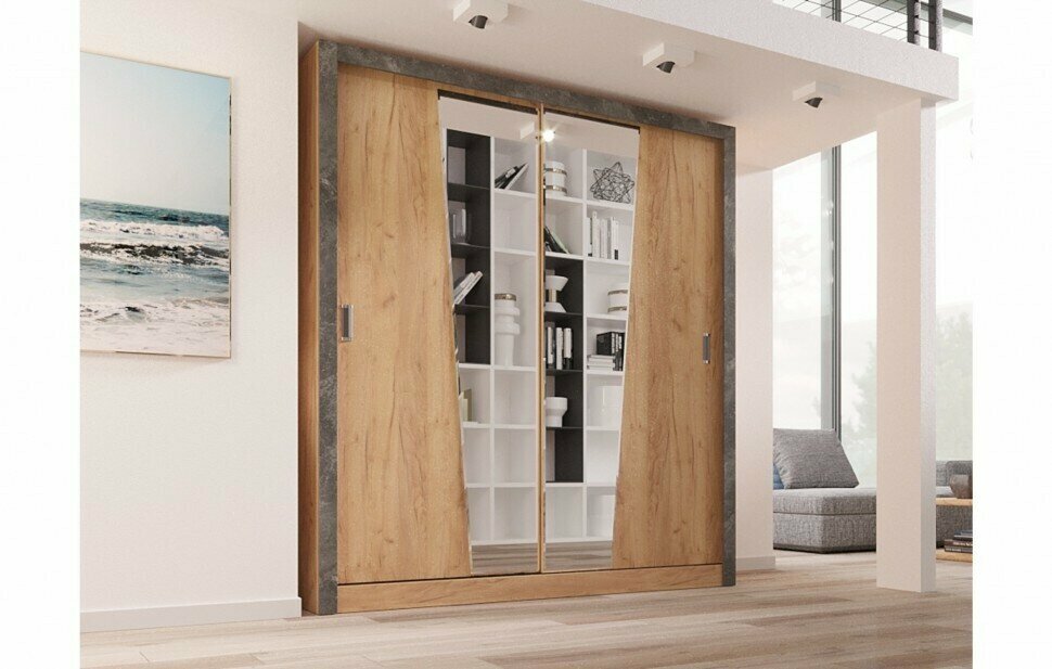 Шкаф-купе "Соренто" Мебельная Компания МиФ, 2 двери, ЛДСП, с зеркалом, Дуб Крафт/Бетон