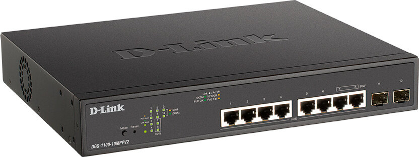 Коммутатор DGS-1100-10MPPV2/A3A Настраиваемый L2 коммутатор с 8 портами 10/100/1000Base-T и 2 портами 1000Base-X SFP (порты 1–8 PoE 802.3af/at, порты 7–8 PoE 802.3bt, PoE-бюджет 242 Вт)