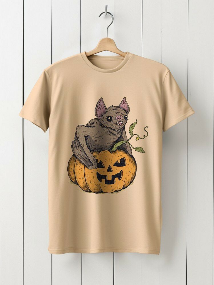 Футболка Футболка унисекс бежевая из хлопка с DTF принтом хеллоуин летучая мышь ( тыква, Helloween, хоррор) - 8413