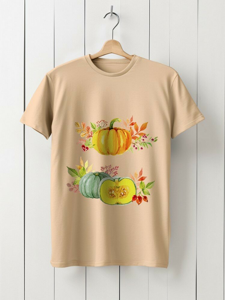 Футболка Футболка унисекс бежевая из хлопка с DTF принтом хеллоуин тыква (подсолнухи, Helloween, осень) - 8424