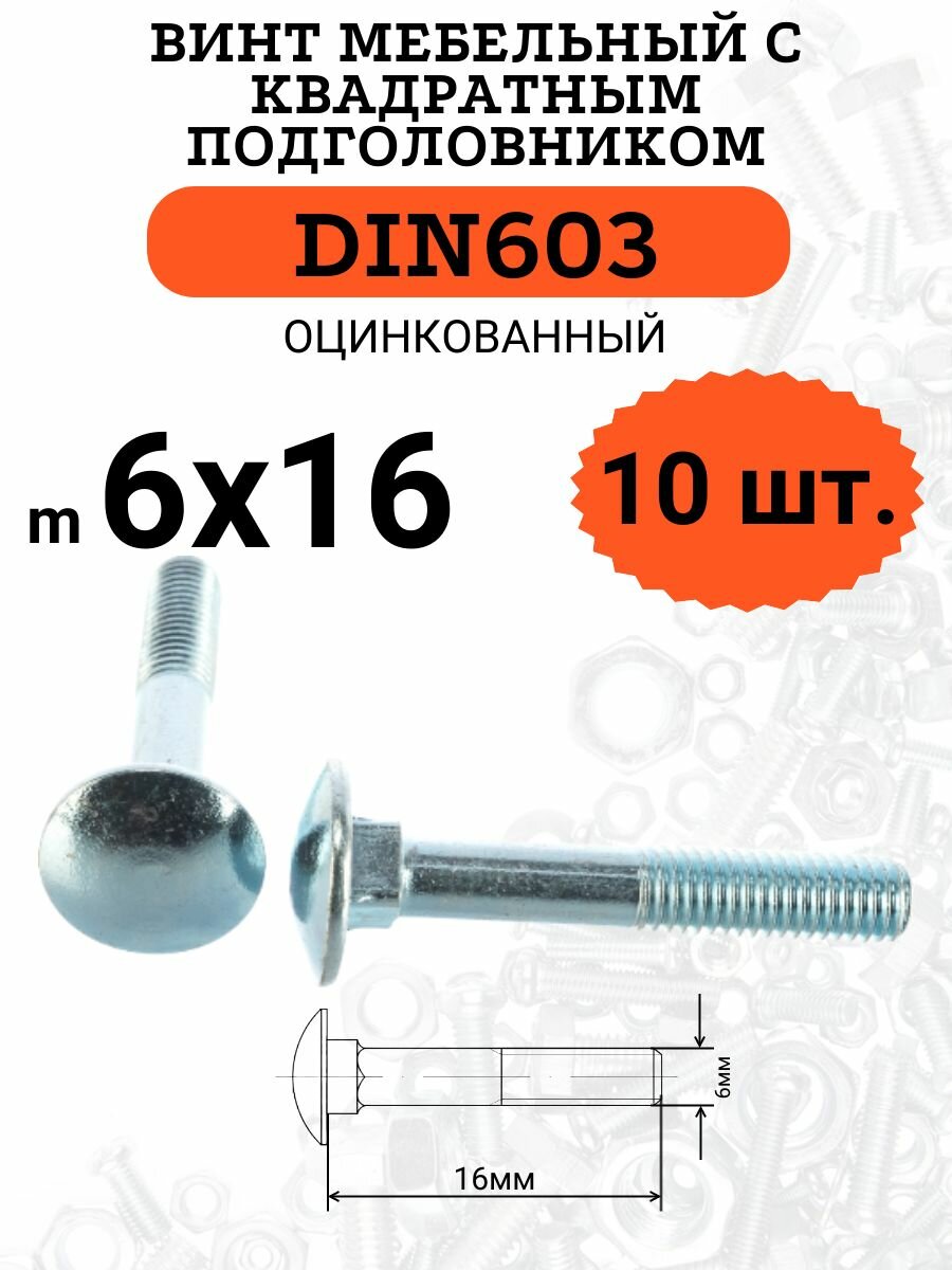 DIN603 6х16 винт мебельный с квадратным подголовником, 10 шт.