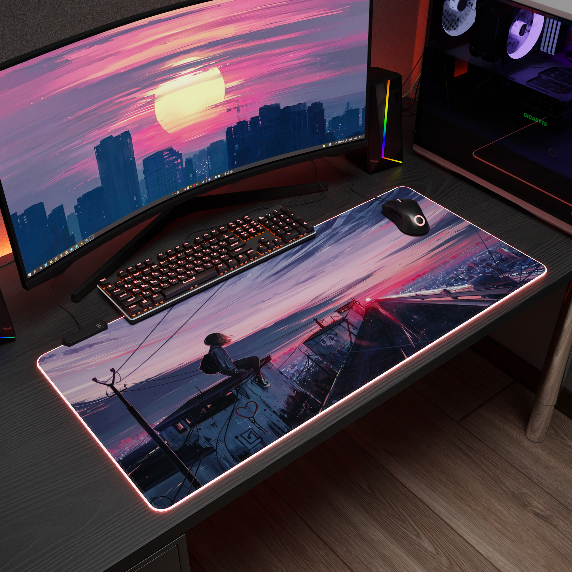 Игровой коврик для мыши Вид на Закат Anime с RGB подсветкой