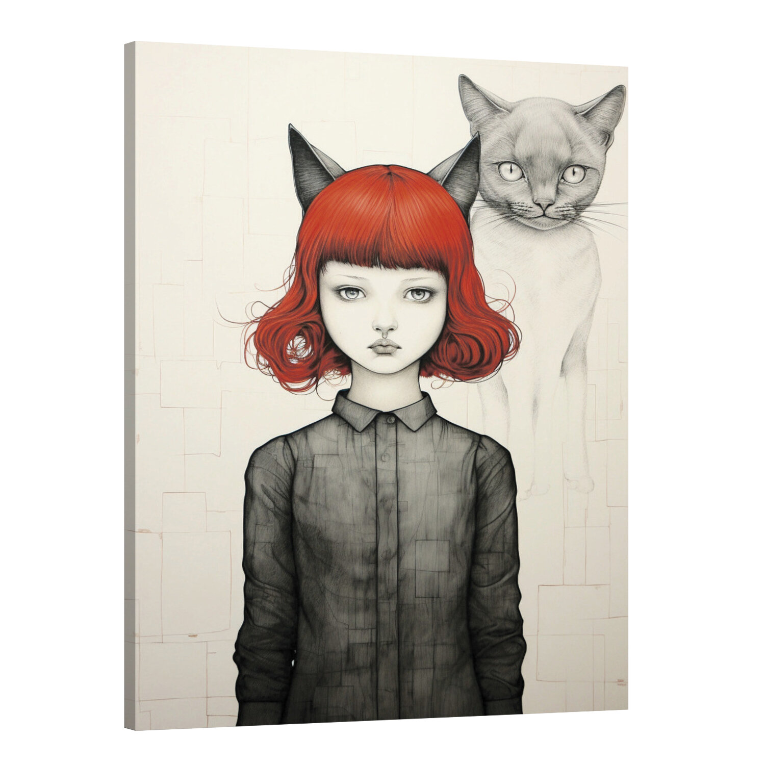 Интерьерная картина 50х70 "Девочка-кошка и кот"