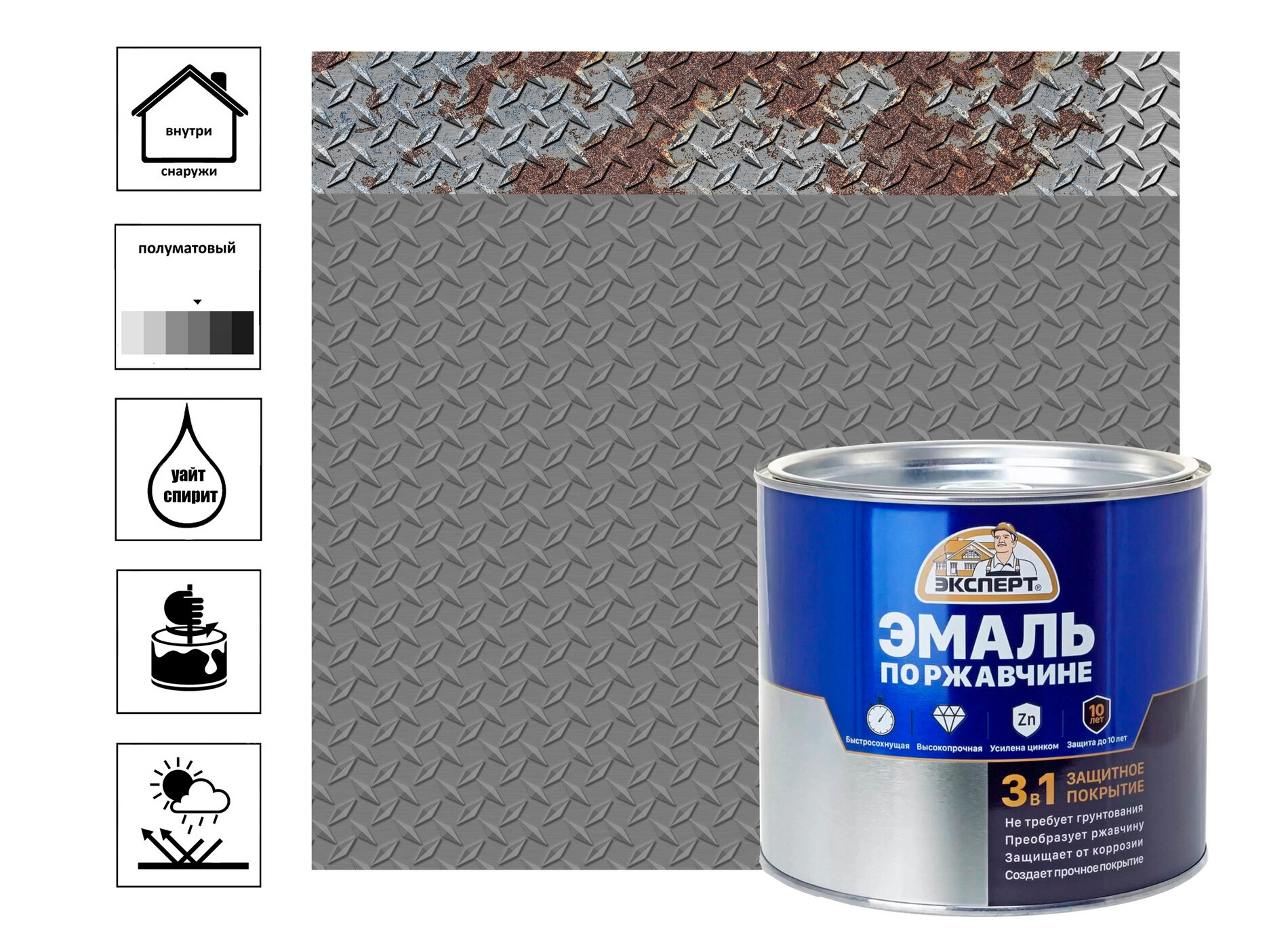 Эмаль Эксперт по ржавчине 3 в 1, полуматовая, серый RAL 7005, 1,8 кг
