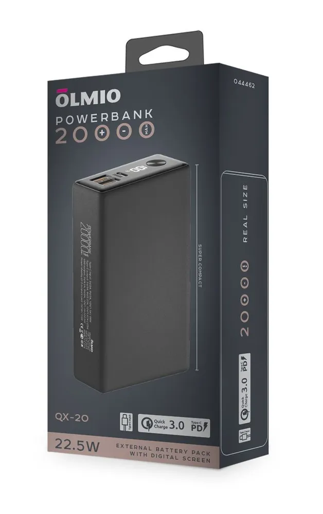 Портативное зарядное устройство Olmio QX-20 20000mAh, 22,5W, QC 3.0, PD, графитовый