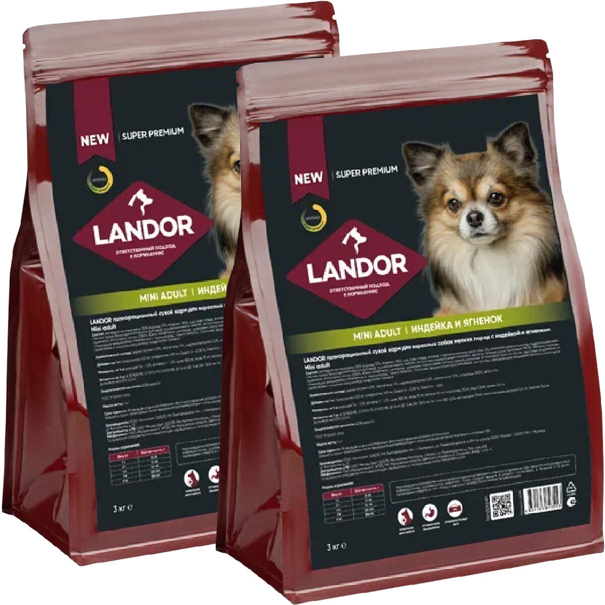 LANDOR MINI ADULT для взрослых собак маленьких пород с индейкой и ягненком (3 + 3 кг)