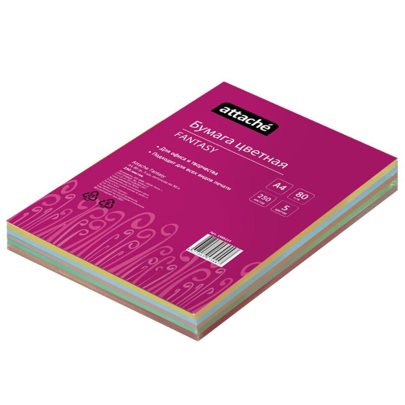 Бумага цветная Attache Fantasy (А4,80г,5цв. интенсив по 50л.) пачка 250л 1585214