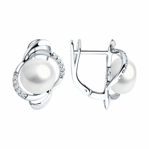 Серьги, серебро, 925 проба, родирование, жемчуг культивированный, фианит