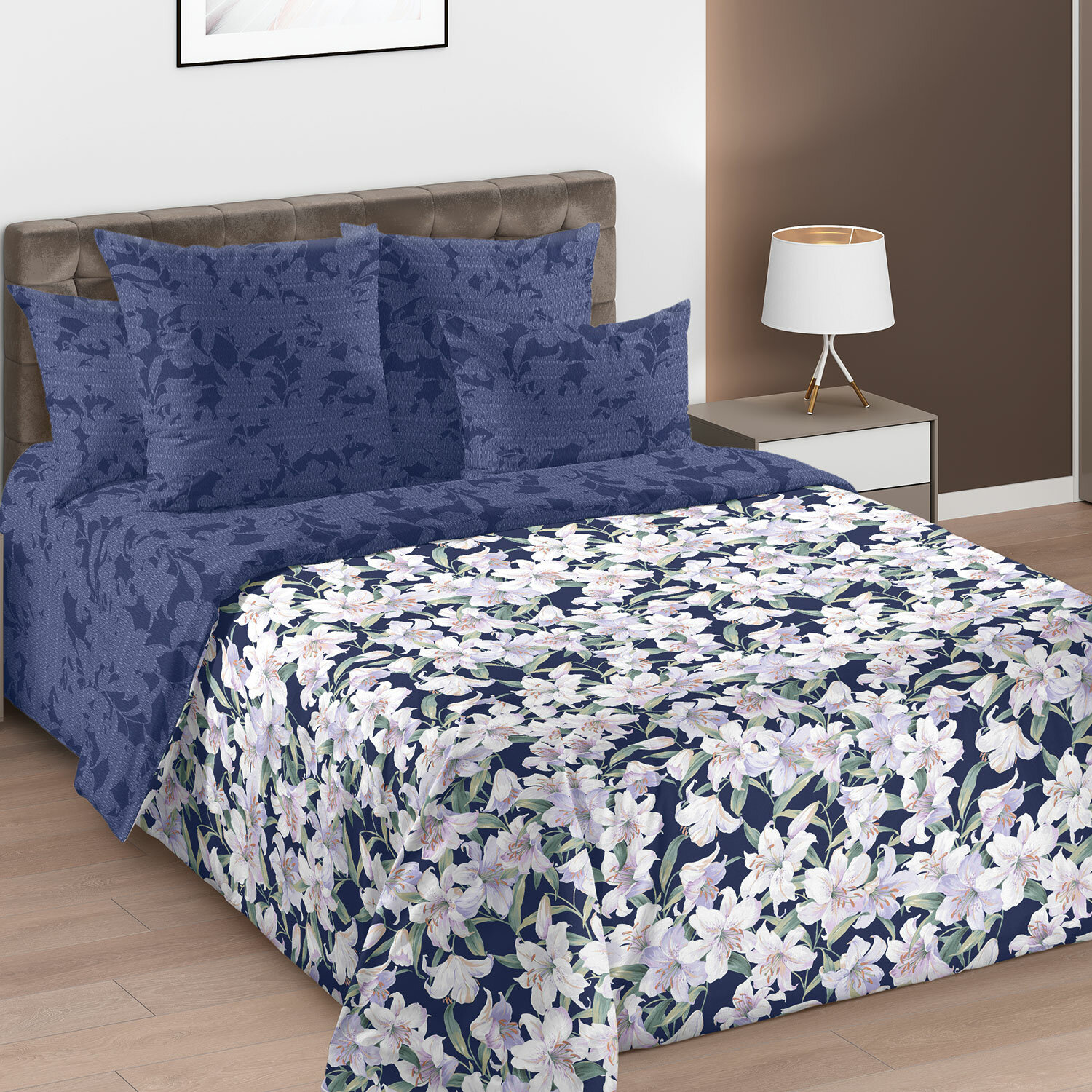 Постельное белье 2-спальное с европростыней Перкаль (наволочки 70х70 2 шт) "Эстелла" (цветы)