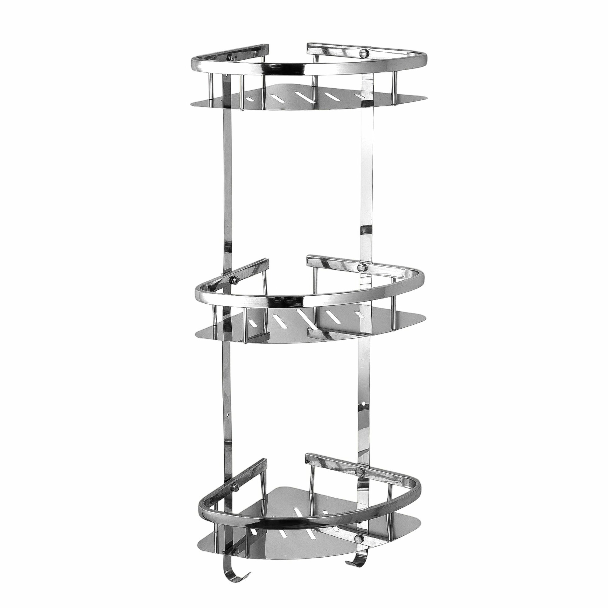 Полочка для принадлежностей угловая, с дном решетка, трехэтажная, хромированная