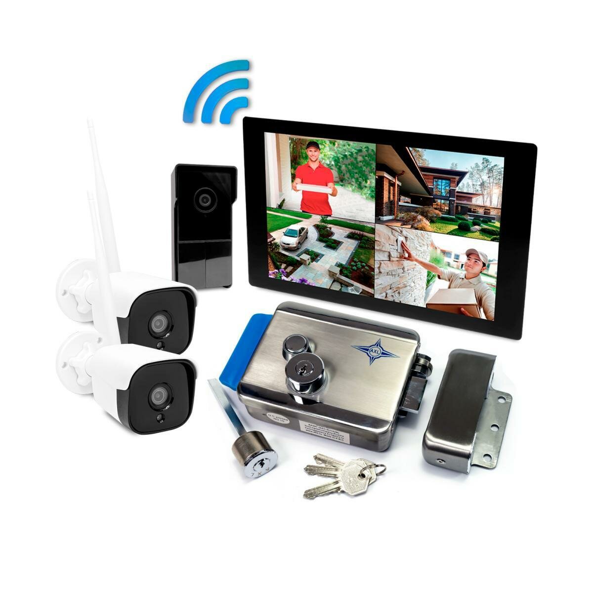 Беспроводной видеодомофон с 2 камерами и замком - СкайНет 1000 (1+2+AX091) (Q24001SKY): Wi-Fi HD монитор 10 дюймов, вызывная панель, электромеханиче