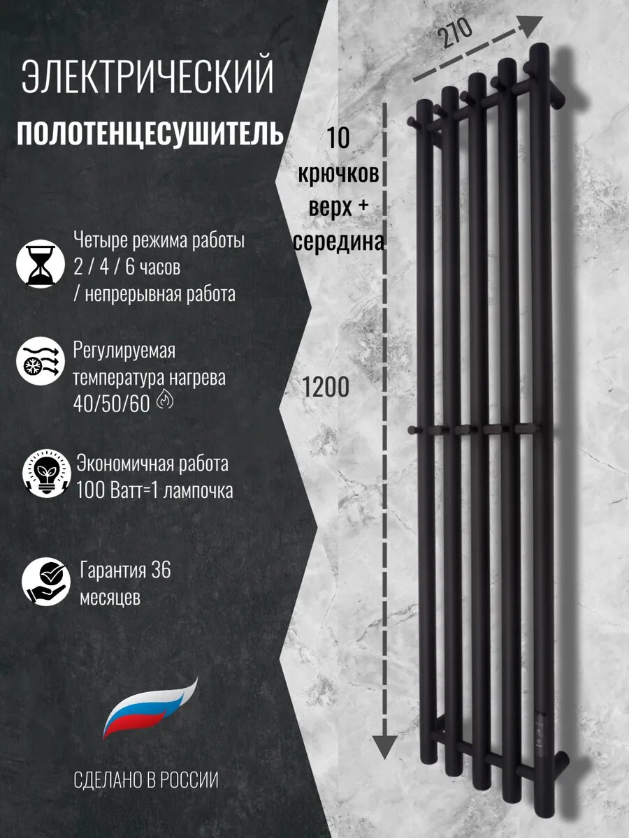 Полотенцесушитель электрический Черный матовый Маргроид Вид Inaro-5 120x24. Кабель с вилкой 90 см.