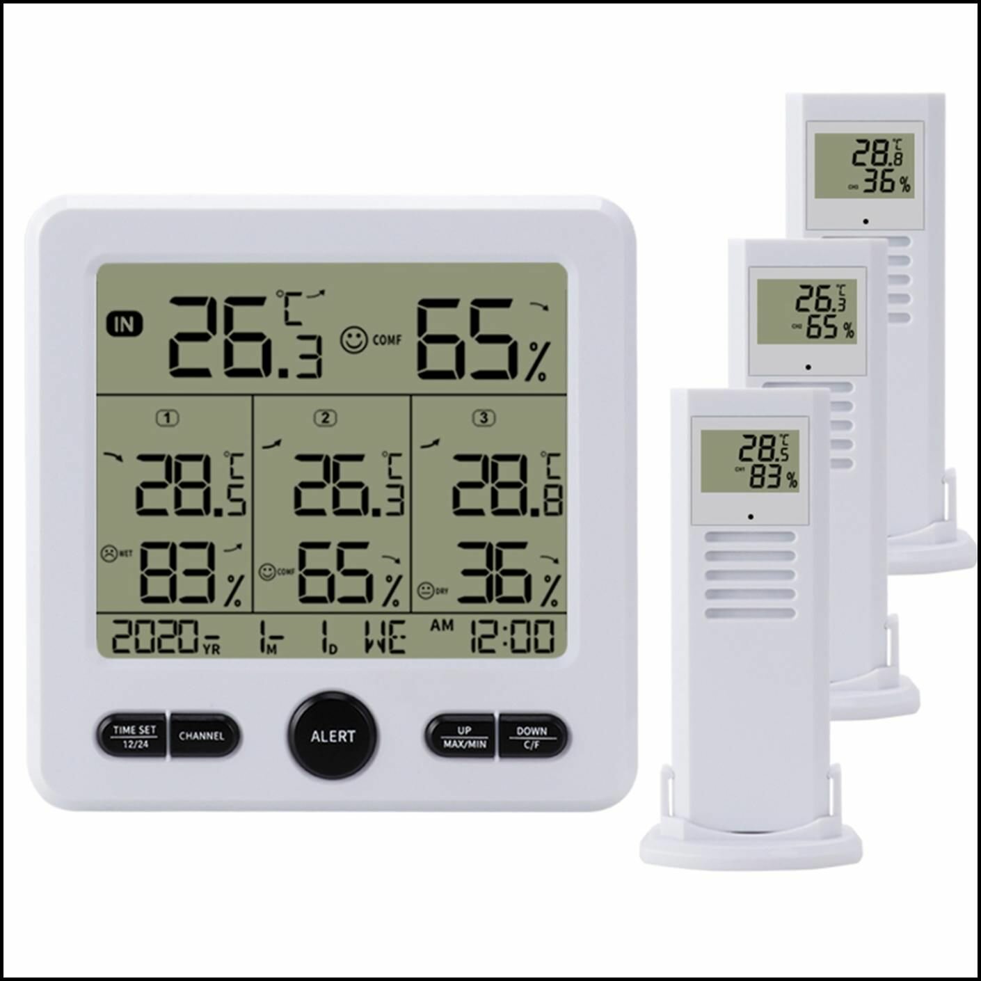 Цифровой термогигрометр, внутренний, наружный, ЖК-дисплей с 3 выносными датчиками