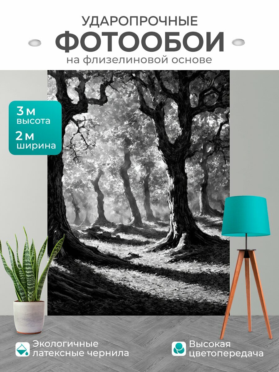 Фотообои моющиеся ударопрочные "Черно-белый: пейзаж заброшенного леса, где деревья вытянуты, словно старая архитектура, а земля устелена опавшими" 200x300 см. флизелиновые на стену