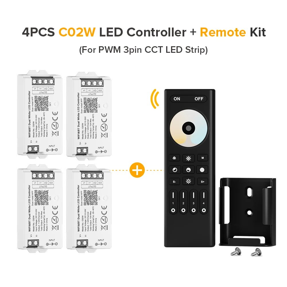 BTF-LIGHTING Контроллеры светодиодных лент Tuya Wi-Fi RGB RGBW Black Remote, 4xC02W 3pin CCT