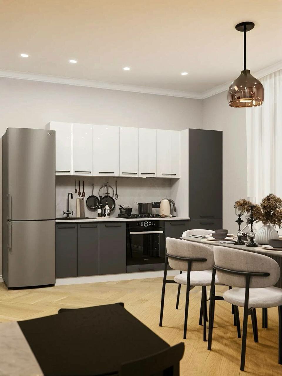 Модульная кухня прямая ЛДСП 2,6м белый глянец/графит без столешницы мебельный РАЙ П2.2