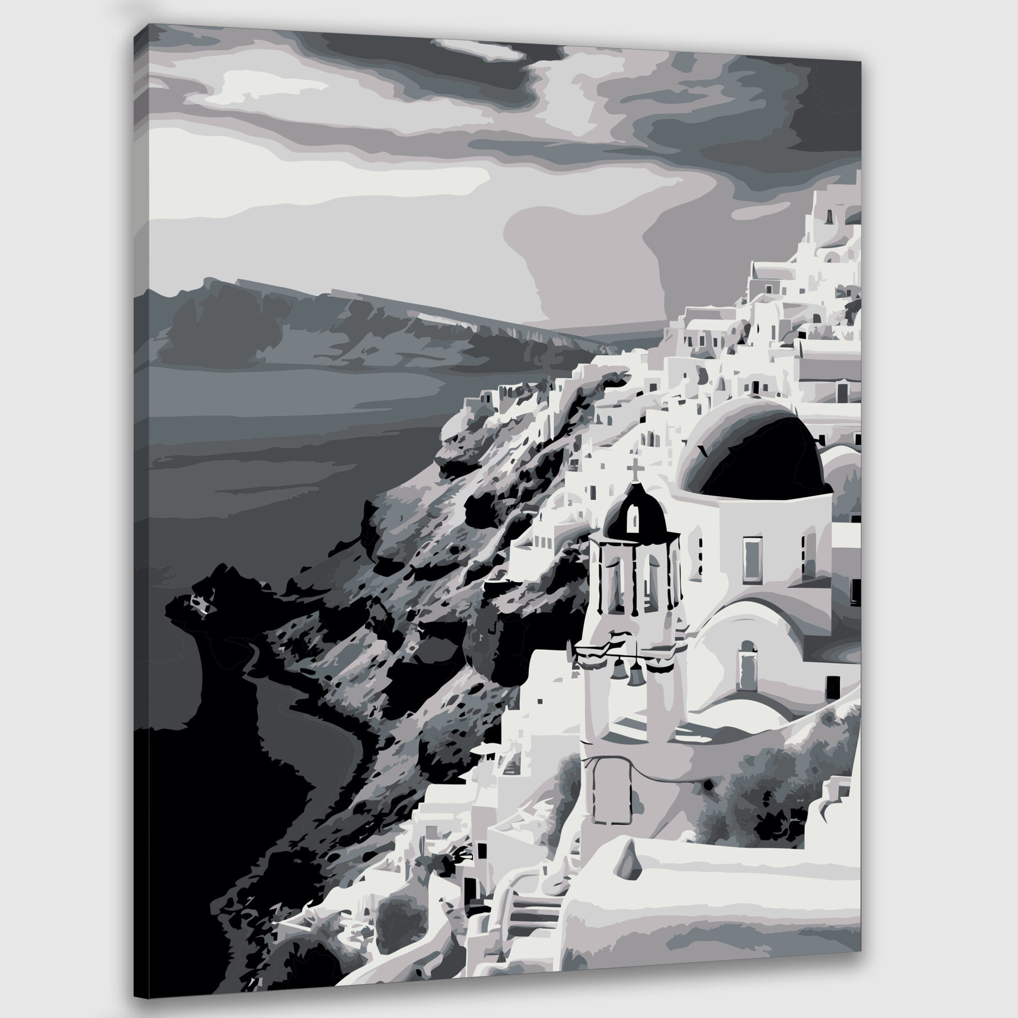Картина по номерам 40x50 см, Санторини, черно-белая фотография, скалы, Эгейское море, белоснежные здания, церкви