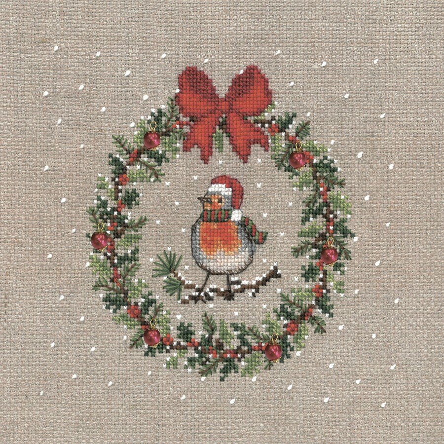 Набор для вышивания December Wreath Robin Bird (Декабрьский Венок Малиновка), 14.5 х 14.5 см