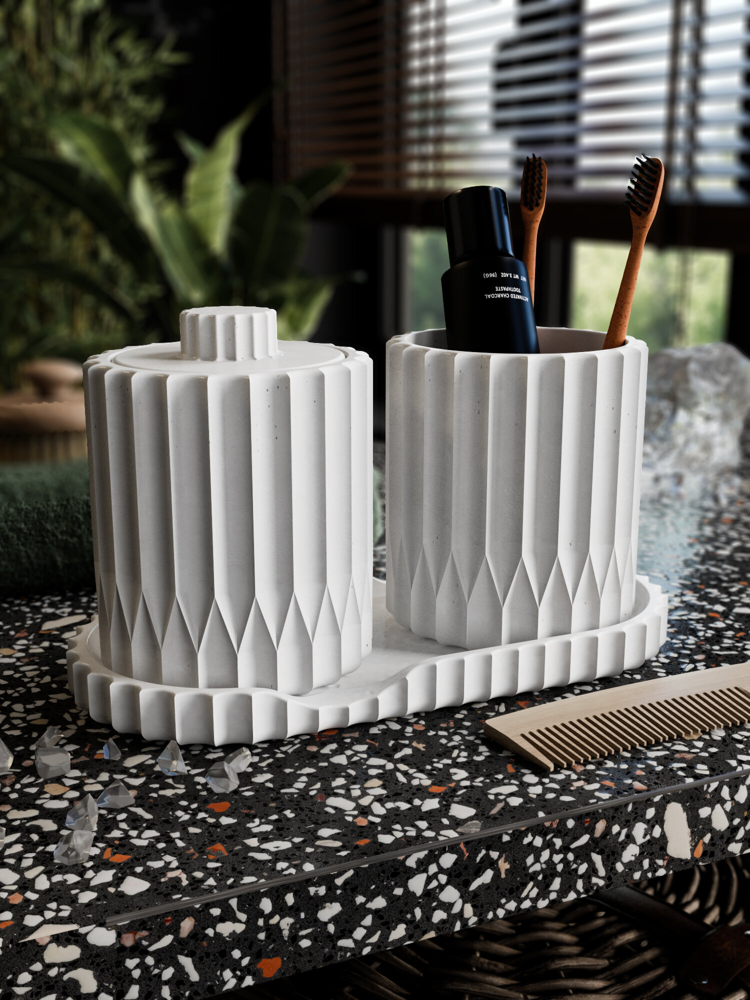 Набор аксессуаров для ванной комнаты "San Marino": контейнер с крышкой, стакан под зубные щетки/пасту, подставка.