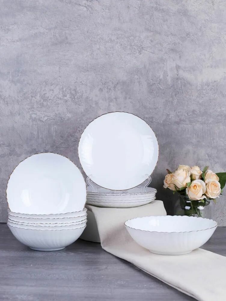 Набор Посуды. Современный Стеклокерамический Обеденный Столовый Сервиз Для 6 Персон Из 13 Предметов. Тарелки, Салатники, Суповые Пиалы. Для Первых, Вторых Блюд, Салатов и Десертов.