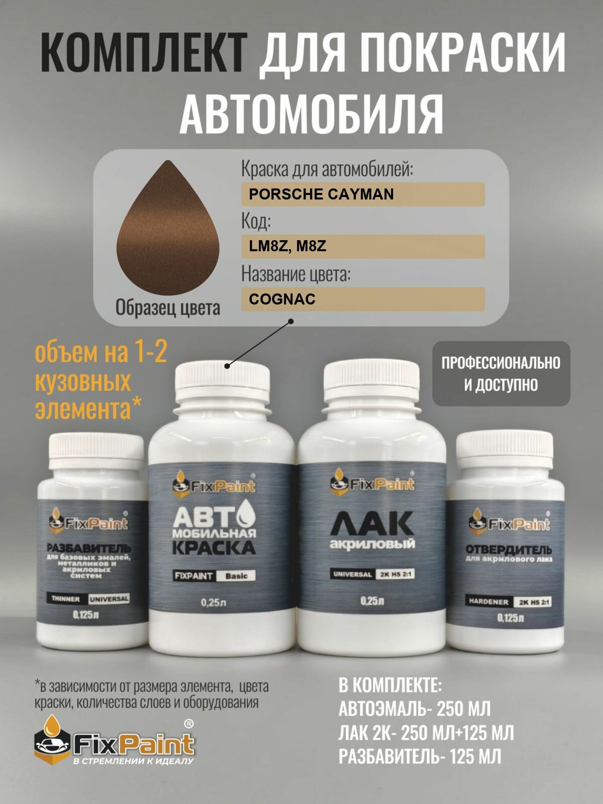 Комплект для покраски PORSCHE CAYMAN, код LM8Z, M8Z, COGNAC, базовая автомобильная краска 250 мл, лак 2K 250 мл с отвердителем, разбавитель 125 мл, FixPaint Pro
