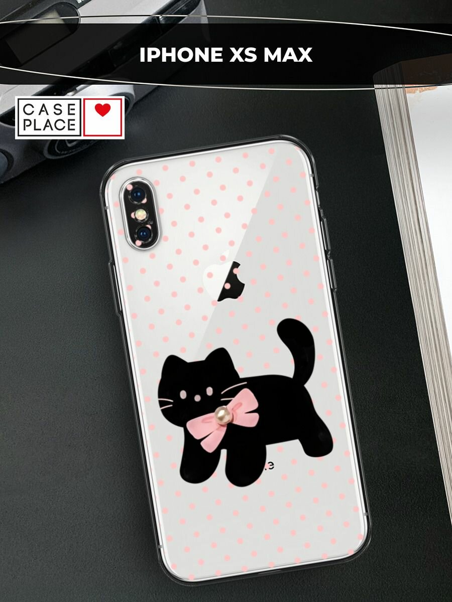 Чехол на Apple iPhone XS Max / Айфон XS Max с принтом Черный котик с бантом, прозрачный