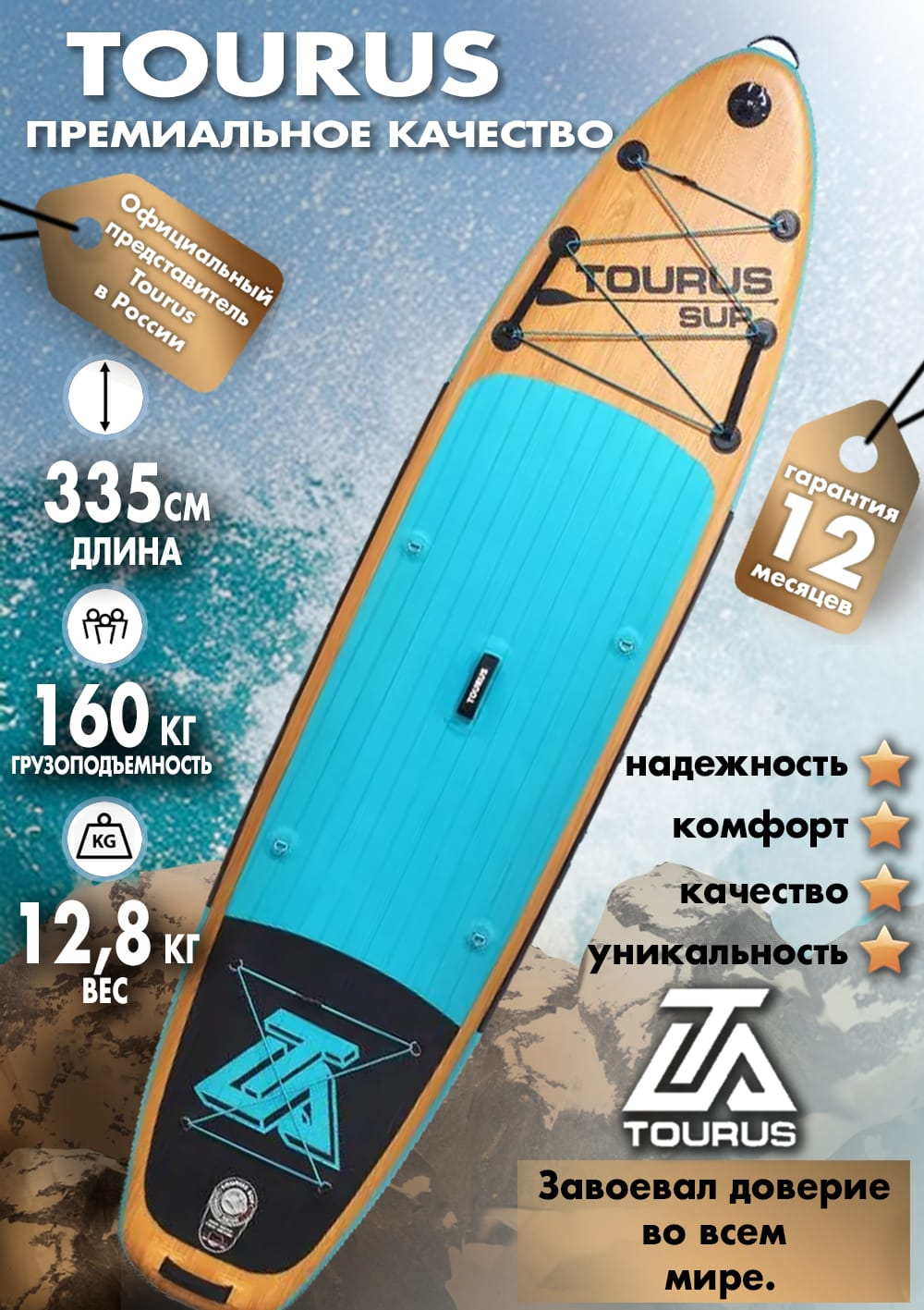 Сапборд надувной TOURUS TS-002S 11' 335х84х15 см, двухслойный SUP, доска для воды