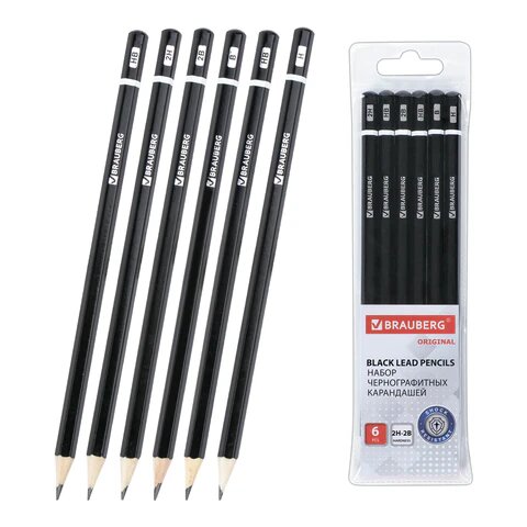 Карандаши чернографитные разной твердости набор 6 штук, 2H-2B, BRAUBERG "Line", 180650