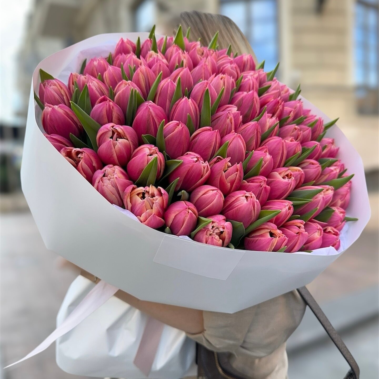 Букет из розовых тюльпанов 101 шт, красивый букет цветов, шикарный, премиум цветы, премиум букет