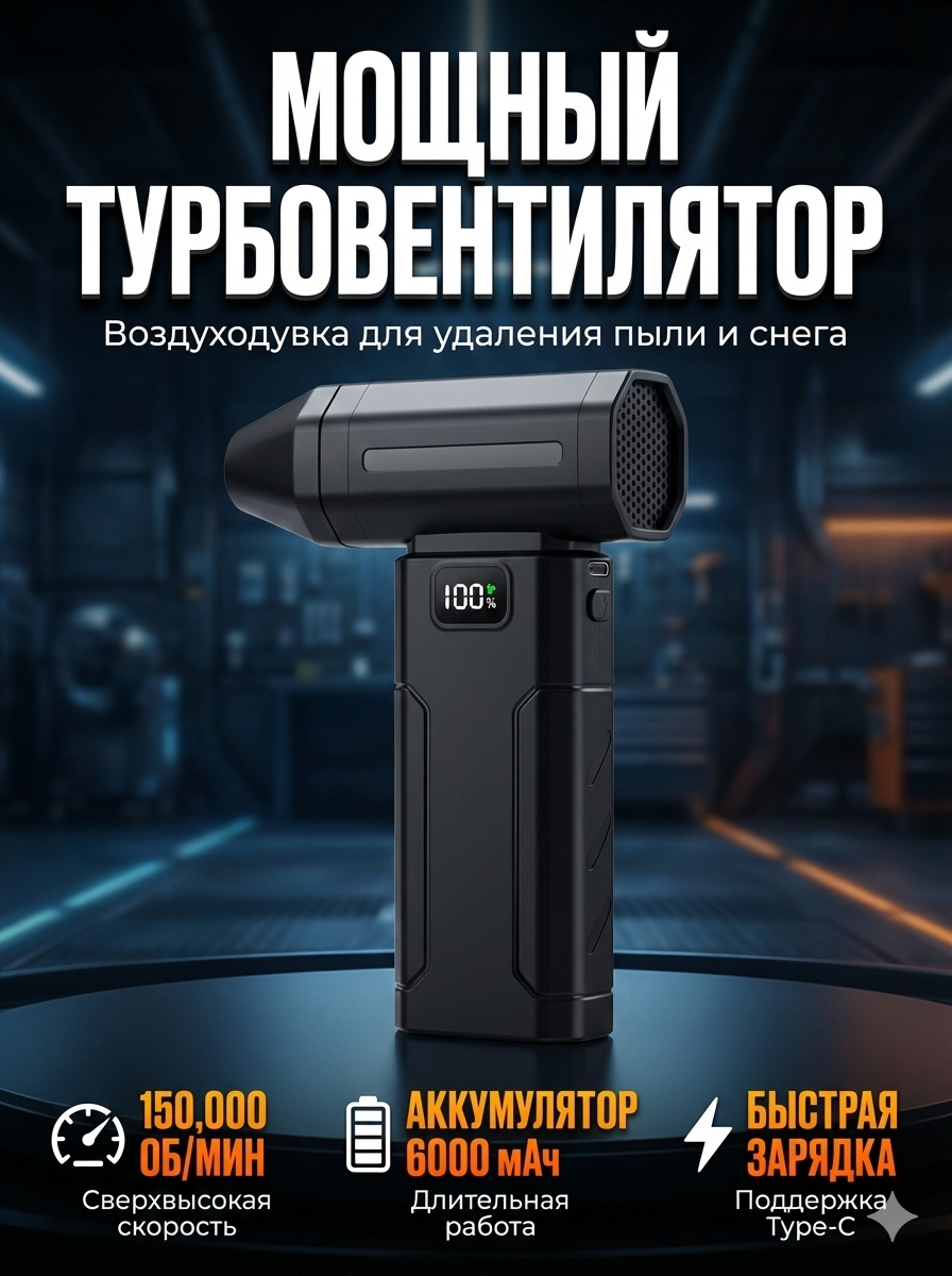 Портативный мощный фен со скоростью вращения 150 000 об/мин для удаления пыли и снега из автомобиля