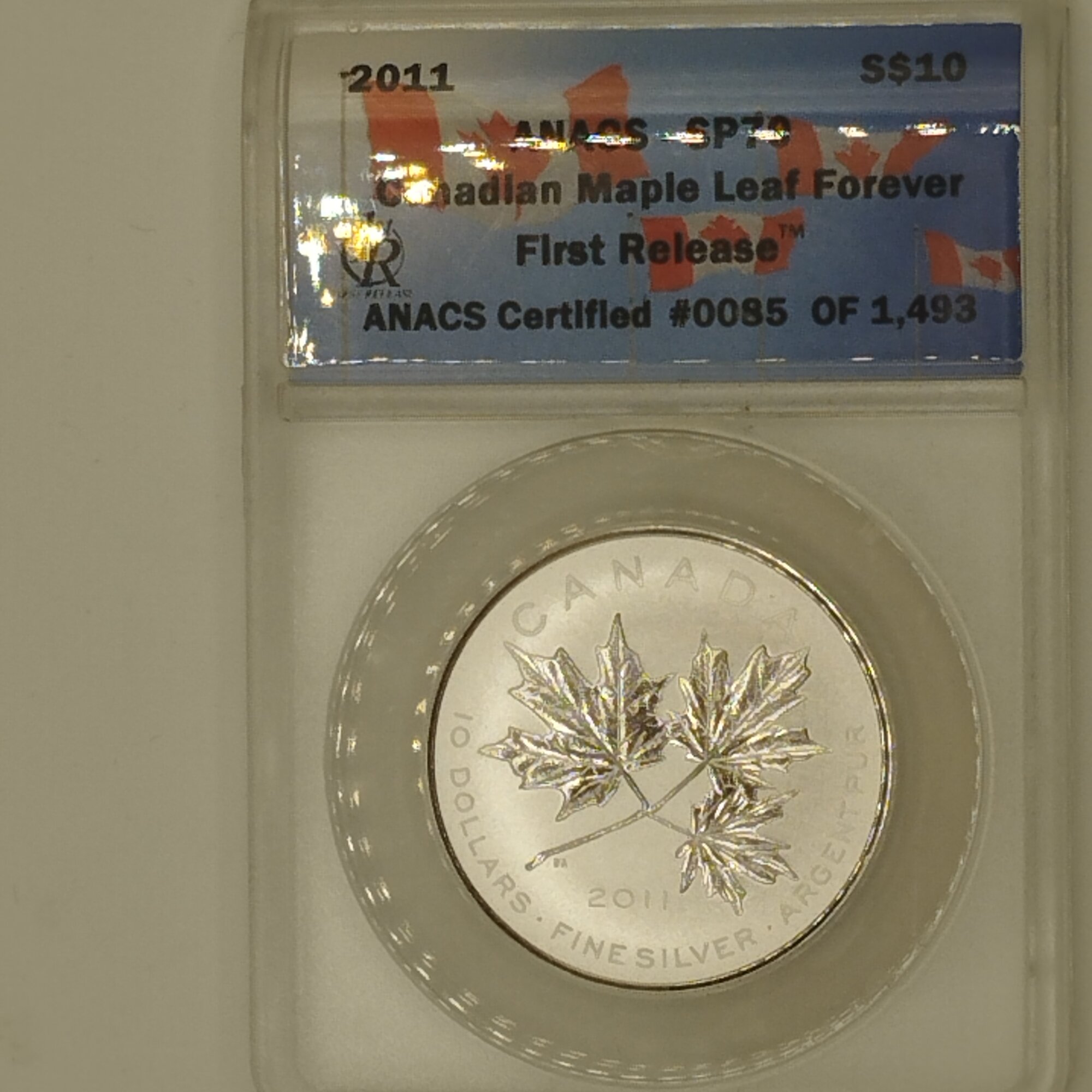 Монета Канада. 2011. 10 долларов. Канадские кленовые листья навсегда. Ag 999. 15.55g. BU. SP70 ANACS
