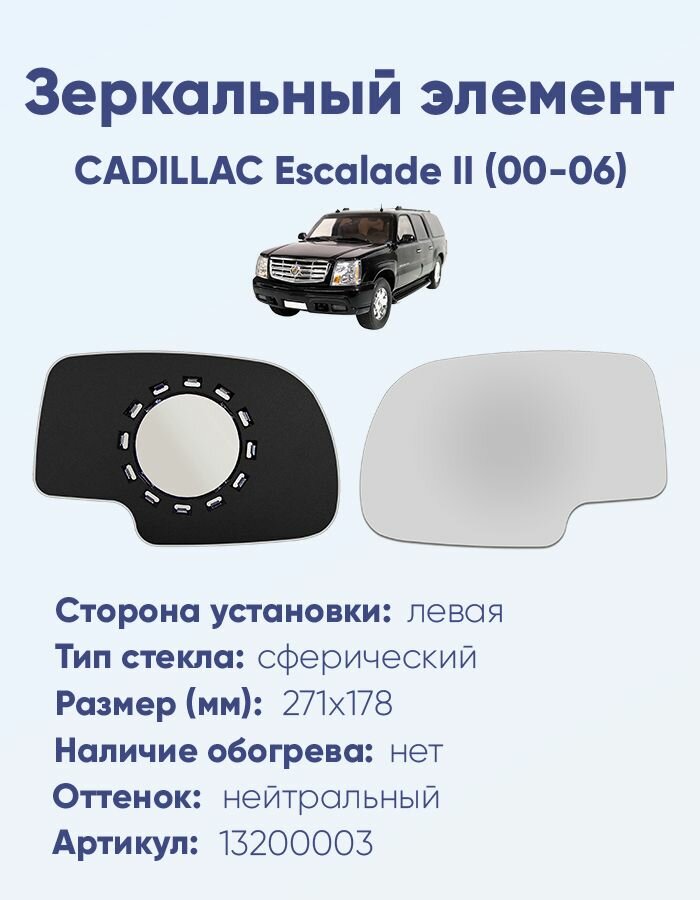 Зеркальный элемент левый CADILLAC Escalade II (00-06) сфера нейтральный без обогрева