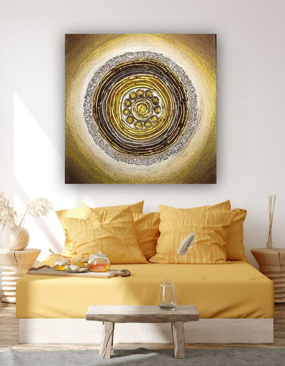 Авторская фактурная интерьерная живая картина - мандала , Медь и золото"