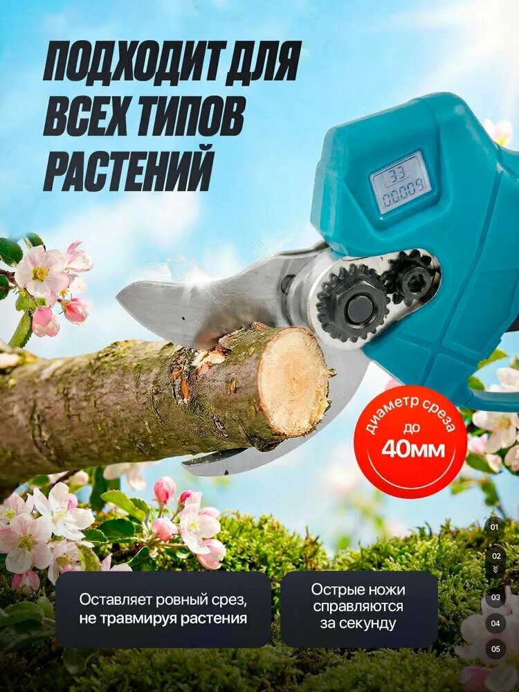 Секатор аккумуляторный садовый, электрический, кусторез, сучкорез с 2 аккумуляторами в кейсе — фото 1