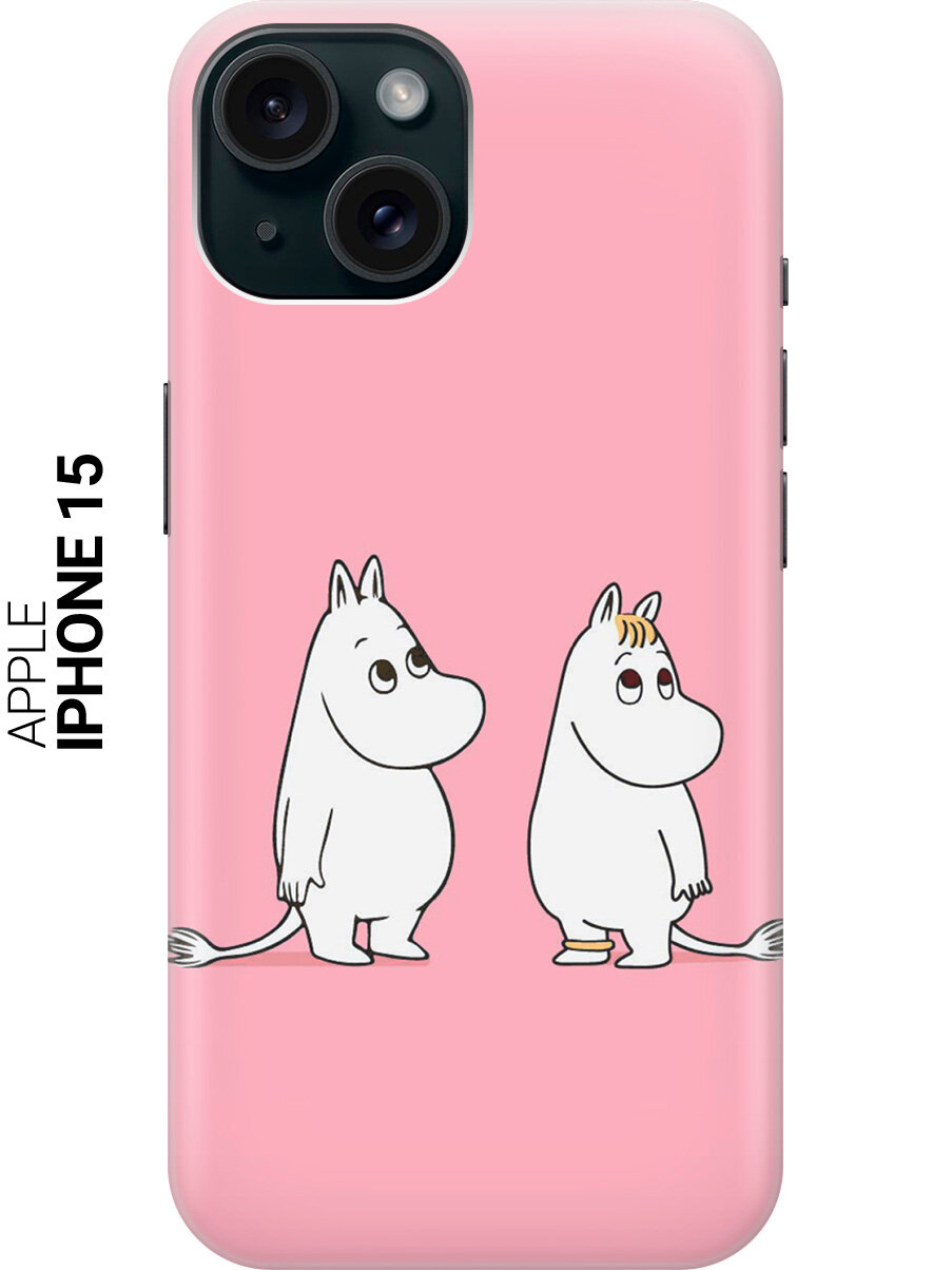 Силиконовый чехол на Apple iPhone 15 / Эпл Айфон 15 с рисунком "Муми-тролли на розовом"