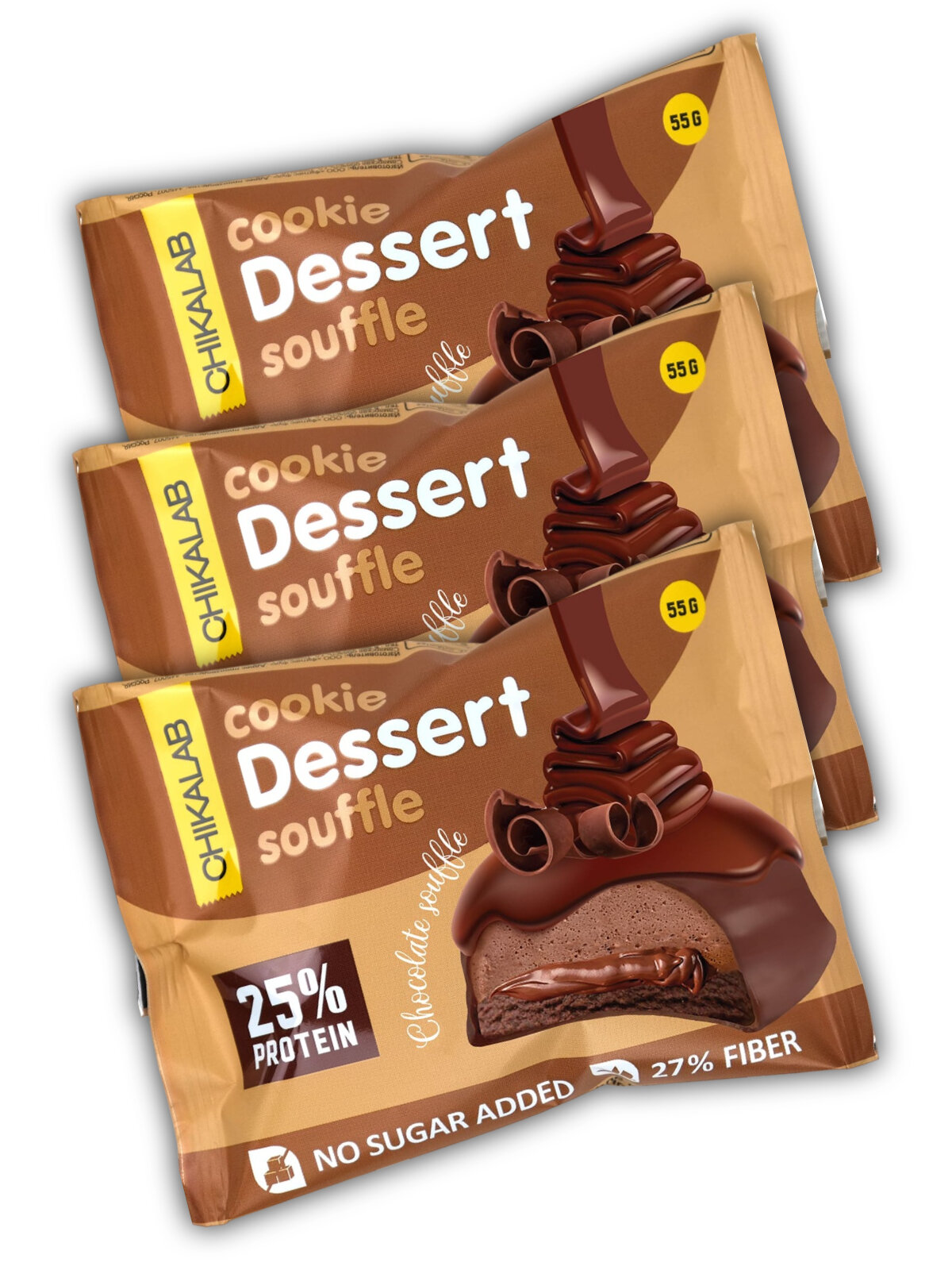 Протеиновый батончик Chikalab Печенье глазированное с начинкой и суфле 3 х 55 г, Шоколадный десерт