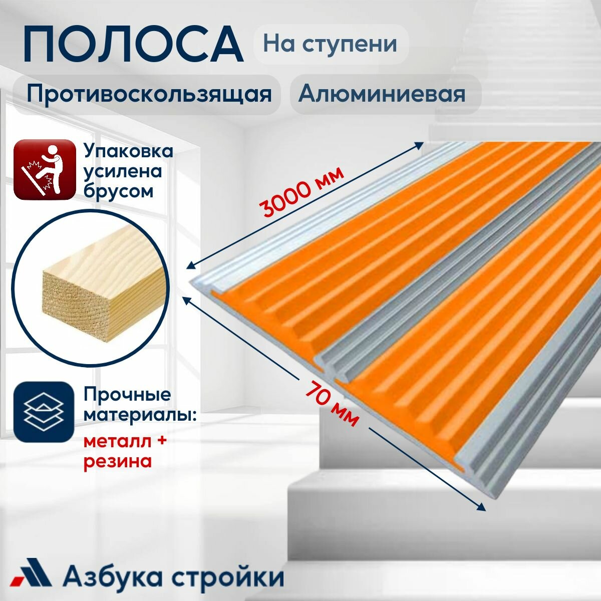 Полоса противоскользящая алюминиевая накладка на ступени с двумя вставками 70мм, 3м, оранжевый
