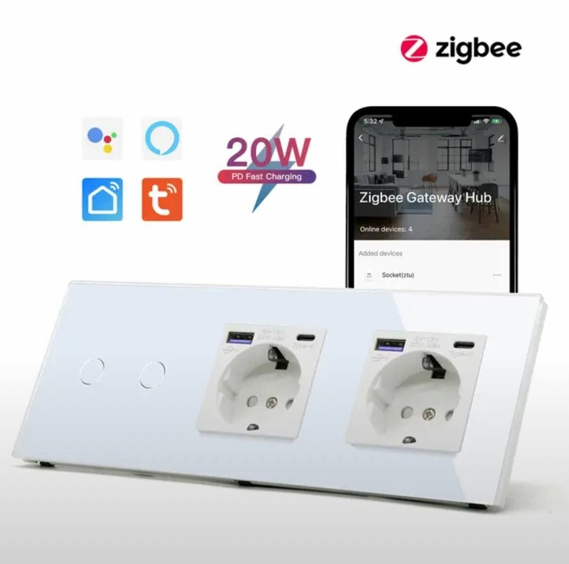 Умный сенсорный выключатель wi-fi Zigbee с голосовым управлением с 2 розетками с быстрой зарядкой USB Tape-C